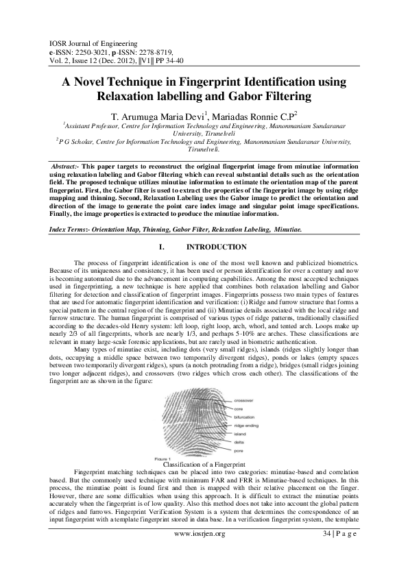 (PDF) A Novel Technique in Fingerprint Identification using Relaxation labelling and Gabor Filtering