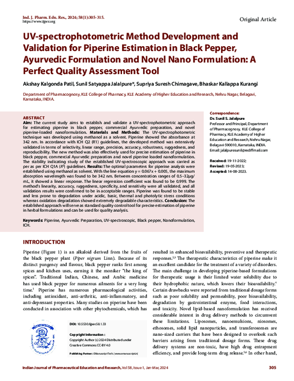 Pdf Uv Spectrophotometric Method Development And Validation For Piperine Estimation In Black
