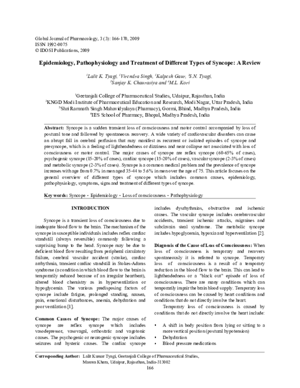 (PDF) Epidemiology, Pathophysiology and Treatment of Different Types of Syncope: A Review