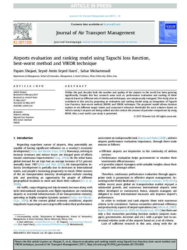 Pdf Airports Evaluation And Ranking Model Using Taguchi Loss Function Best Worst Method And
