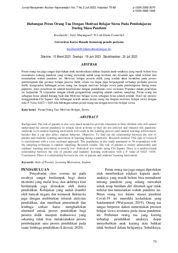 (PDF) Hubungan Peran Orang Tua Dengan Motivasi Belajar Siswa Pada Pembelajaran Daring Masa ...