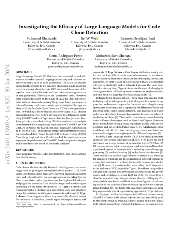 (PDF) Investigating the Efficacy of Large Language Models for Code Clone Detection