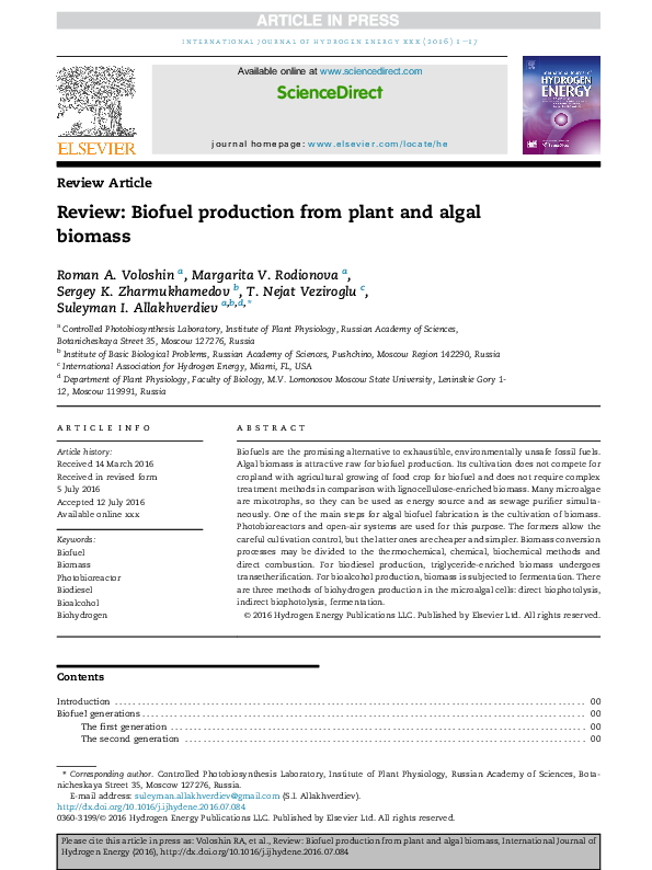 (PDF) Review: Biofuel production from plant and algal biomass