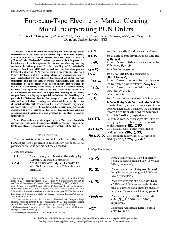 (PDF) European-Type Electricity Market Clearing Model Incorporating PUN ...