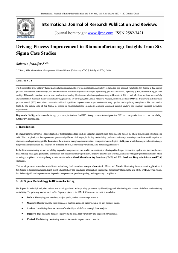 (PDF) Driving Process Improvement in Biomanufacturing: Insights from ...