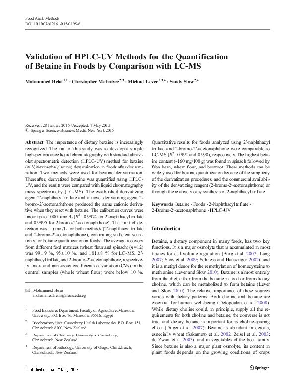 (PDF) Validation of HPLC-UV Methods for the Quantification of Betaine in Foods by Comparison ...