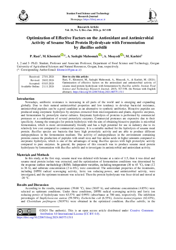 (PDF) Optimization of Effective Factors on the Antioxidant and Antimicrobial Activity of Sesame ...