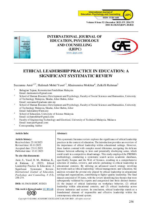 (PDF) Ethical Leadership Practice in Education: A Significant Systematic Review