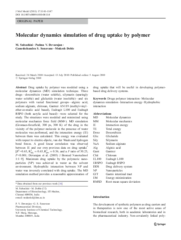 (PDF) Molecular dynamics simulation of drug uptake by polymer | Ganeshchandra Sonavane ...