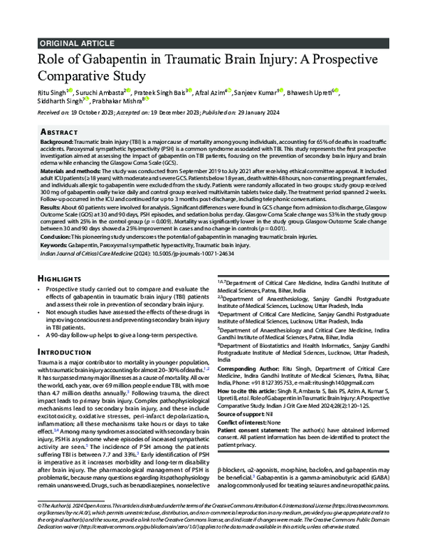 (PDF) Role of Gabapentin in Traumatic Brain Injury: A Prospective ...
