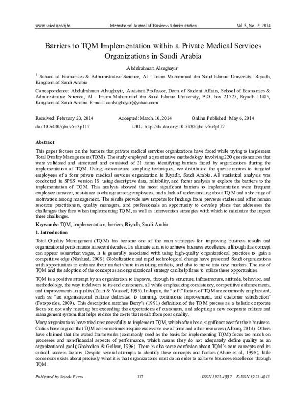 (PDF) Barriers to TQM Implementation within a Private Medical Services ...