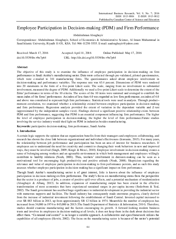 (PDF) Employee Participation in Decision-making (PDM) and Firm Performance