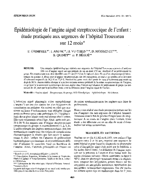 (PDF) Epidémiologie de l'angine aiguë streptococcique de l'enfant ...