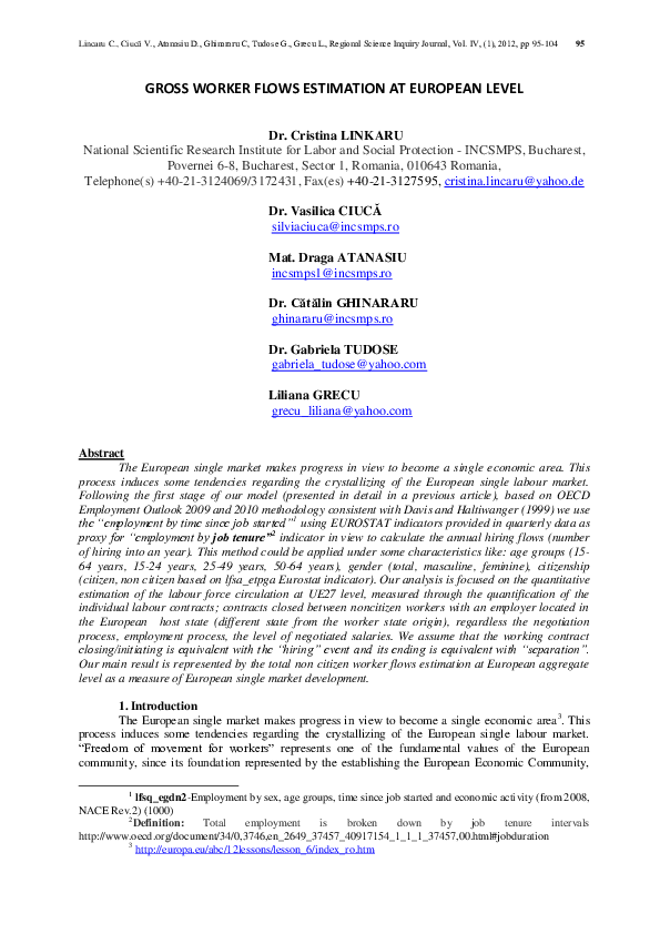 (PDF) Estimating Gross Worker Flows in the European Labour Market
