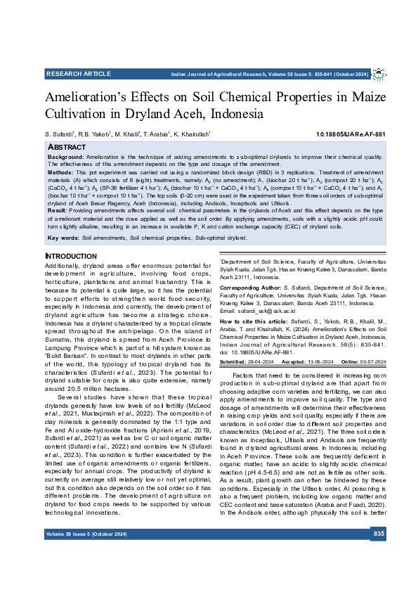 (PDF) Amelioration's Effects on Soil Chemical Properties in Maize Cultivation in Dryland Aceh ...