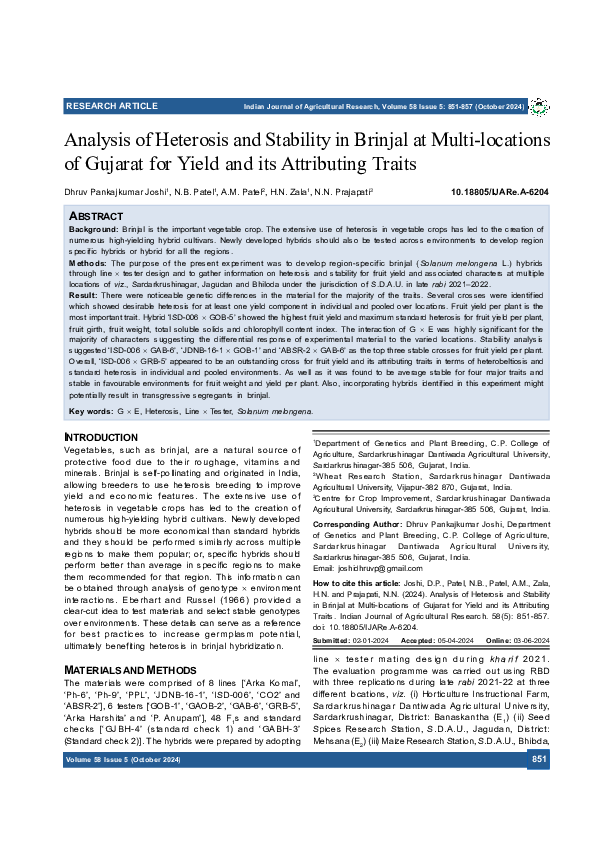 (PDF) Analysis of Heterosis and Stability in Brinjal at Multi-locations of Gujarat for Yield and ...