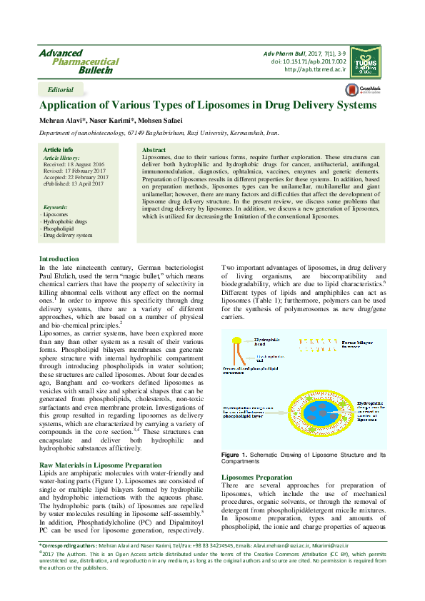(PDF) Application of Various Types of Liposomes in Drug Delivery Systems