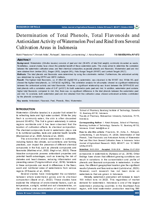 (PDF) Determination of Total Phenols, Total Flavonoids and Antioxidant Activity of Watermelon ...