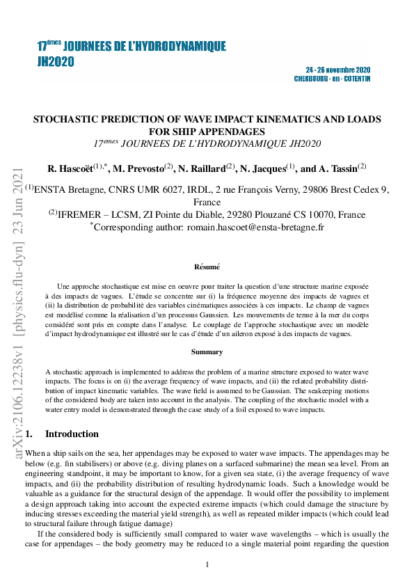 (PDF) Stochastic prediction of wave impact kinematics and loads for ...