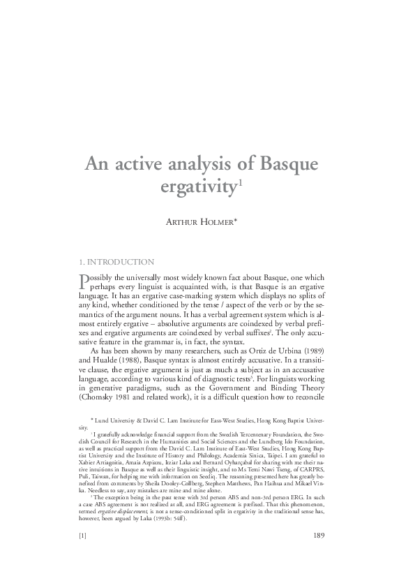 (PDF) An active analysis of Basque ergativity= Un análisis activo de la ergatividad en vasco