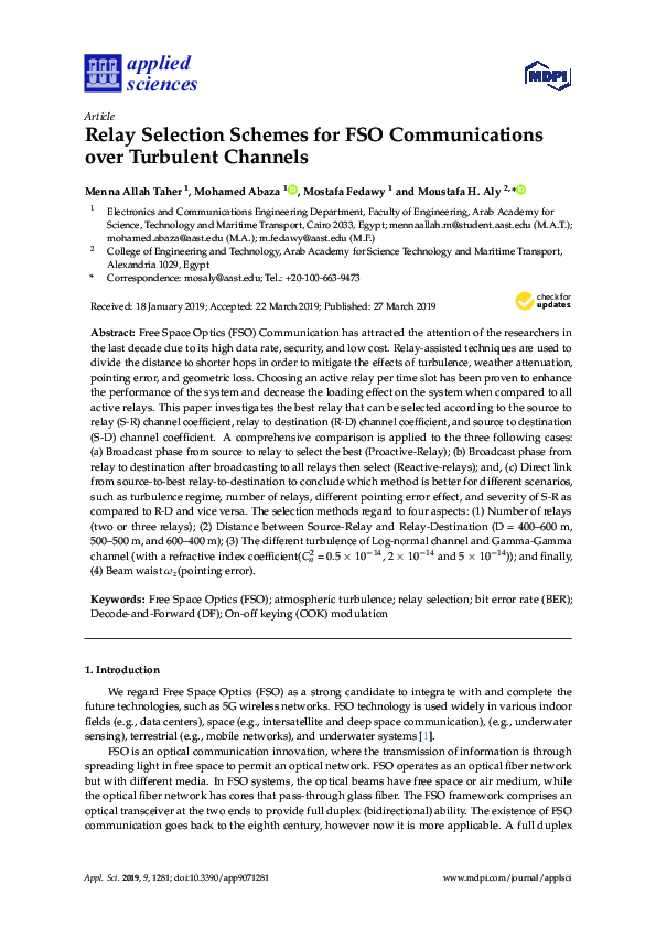 (PDF) Relay Selection Schemes for FSO Communications over Turbulent Channels