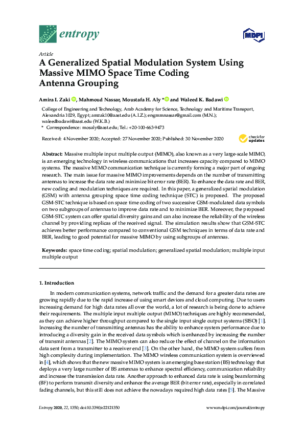 Pdf A Generalized Spatial Modulation System Using Massive Mimo Space Time Coding Antenna Grouping