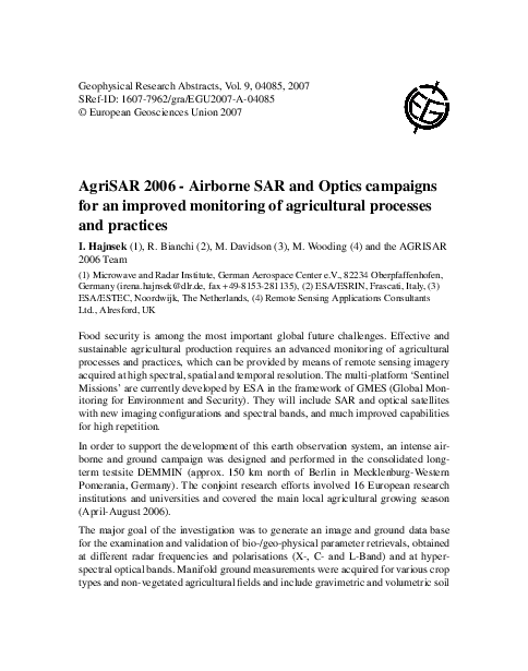 (PDF) AgriSAR 2007 : airborne SAR and optics campaigns for an improved ...