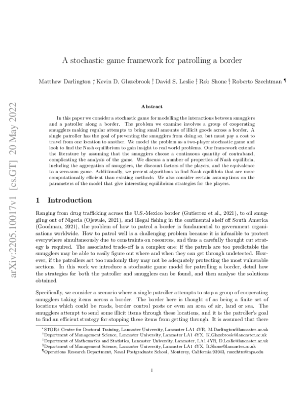 (PDF) A stochastic game framework for patrolling a border | Rob Shone - Academia.edu