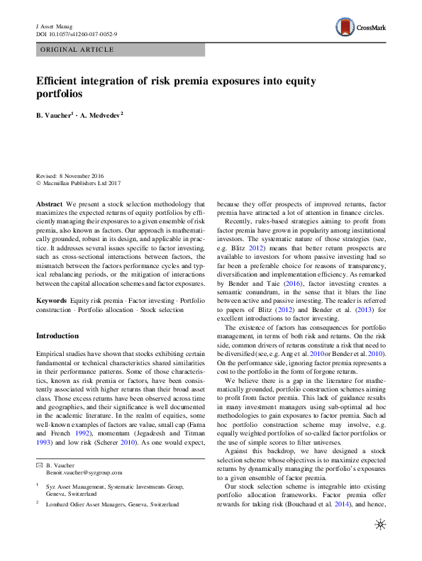 (PDF) Efficient integration of risk premia exposures into equity portfolios