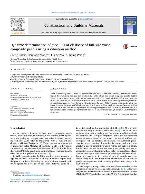(PDF) Dynamic determination of modulus of elasticity of full-size wood composite panels using a ...