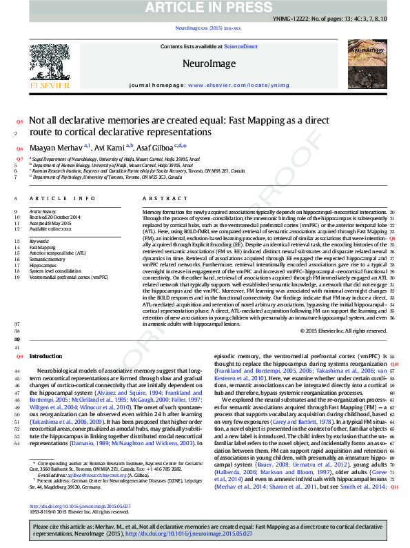 (PDF) Not all declarative memories are created equal: Fast Mapping as a direct route to cortical ...