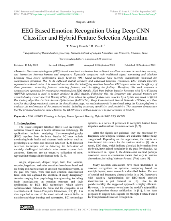 (PDF) EEG Based Emotion Recognition Using Deep CNN Classifier and Hybrid Feature Selection Algorithm