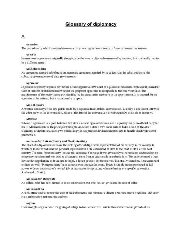 (PDF) Glossary of diplomacy