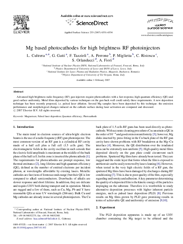 (PDF) Mg based photocathodes for high brightness RF photoinjectors