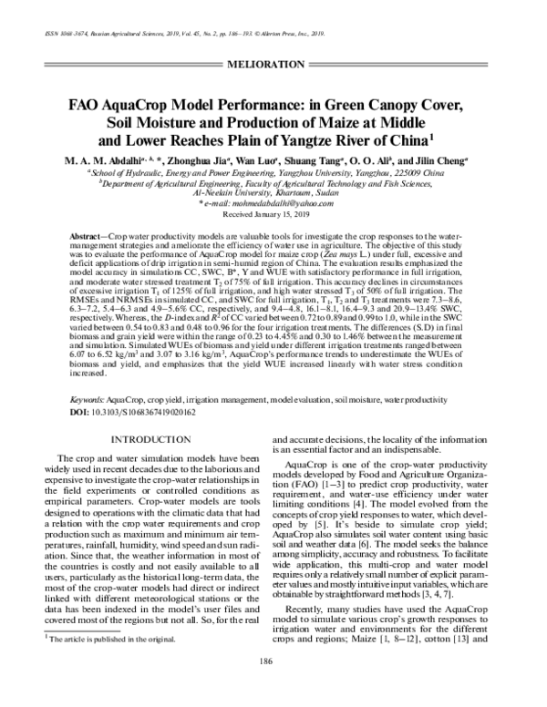 (PDF) FAO AquaCrop Model Performance: in Green Canopy Cover, Soil ...