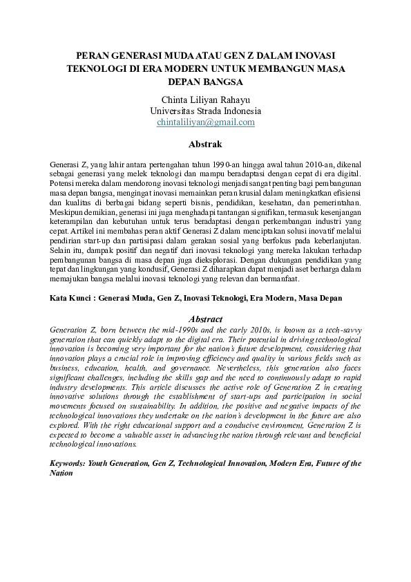 (PDF) PERAN GENERASI MUDA ATAU GEN Z DALAM INOVASI TEKNOLOGI DI ERA MODERN UNTUK MEMBANGUN MASA ...