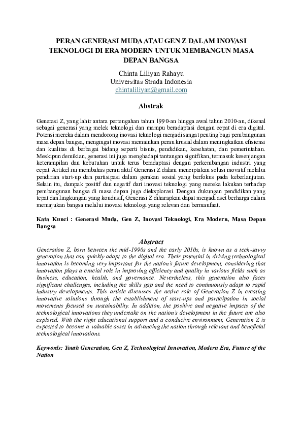 (PDF) PERAN GENERASI MUDA ATAU GEN Z DALAM INOVASI TEKNOLOGI DI ERA MODERN UNTUK MEMBANGUN MASA ...