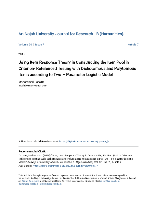 (PDF) Using Item Response Theory in Constructing the Item Pool in ...