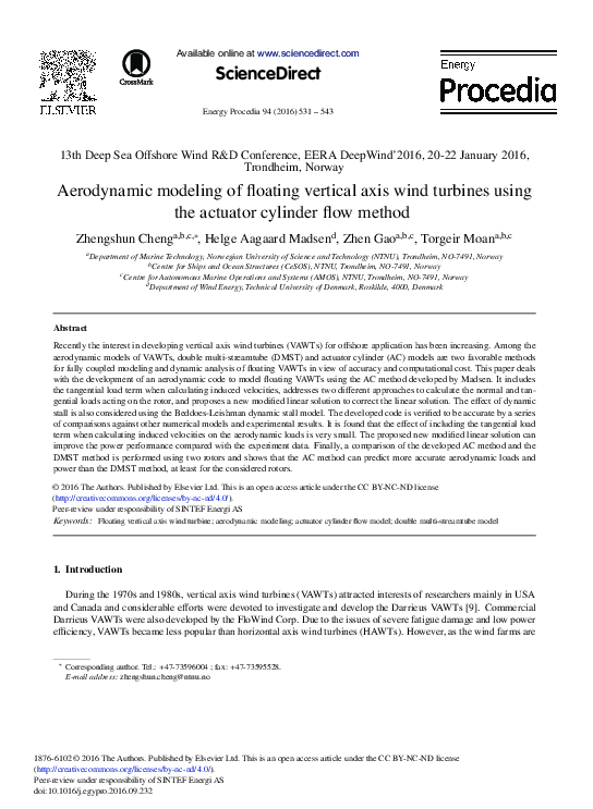 (PDF) Aerodynamic Modeling of Floating Vertical Axis Wind Turbines Using the Actuator Cylinder ...