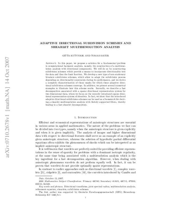 (PDF) Adaptive Directional Subdivision Schemes and Shearlet Multiresolution Analysis