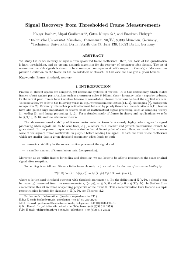 (PDF) Signal recovery from thresholded frame measurements