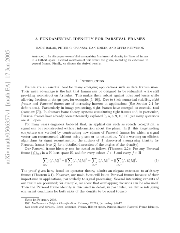 (PDF) A fundamental identity for Parseval frames