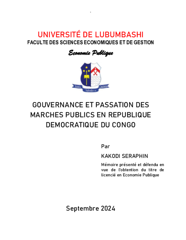 (PDF) GOUVERNANCE ET PASSATION DES MARCHÉS PUBLICS EN RDCONGO par KAKODI SÉRAPHIN