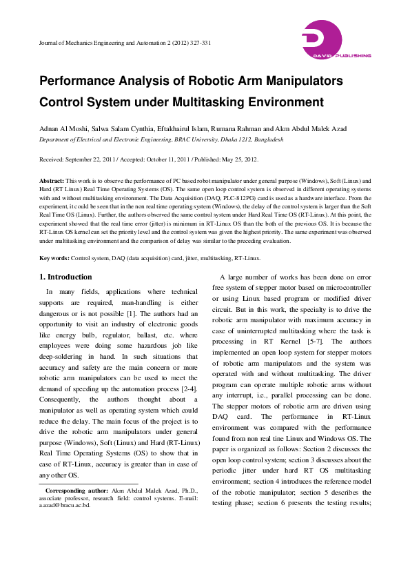 (PDF) Performance analysis of robotic arm manipulators control system under multitasking ...