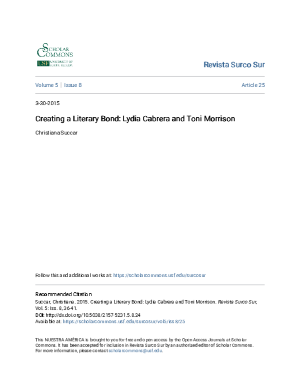 (PDF) Creating a Literary Bond: Lydia Cabrera and Toni Morrison