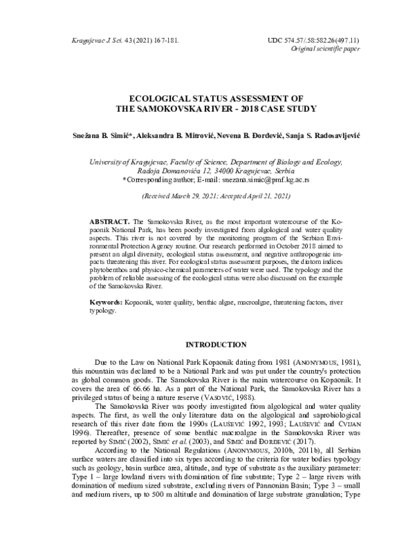 (PDF) Ecological status assessment of the Samokovska river: 2018 case ...