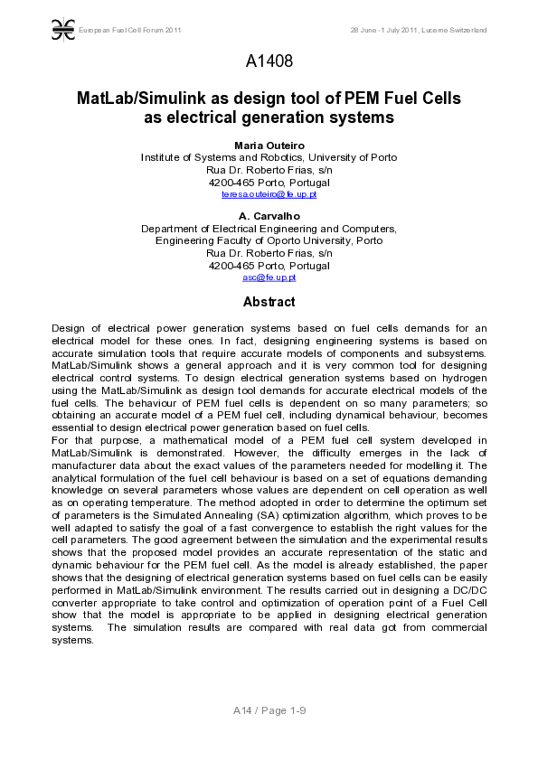 Pdf Matlab Simulink As Design Tool Of Pem Fuel Cells As Electrical