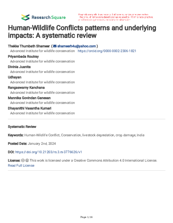 (PDF) Human-Wildlife Conflicts patterns and underlying impacts: A ...