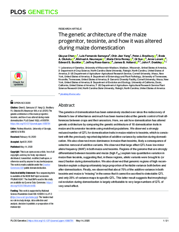 (PDF) The genetic architecture of the maize progenitor, teosinte, and how it was altered during ...