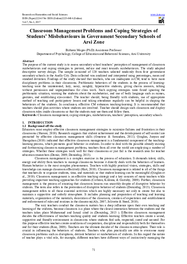 (PDF) Classroom Management Problems and Coping Strategies of Students ...